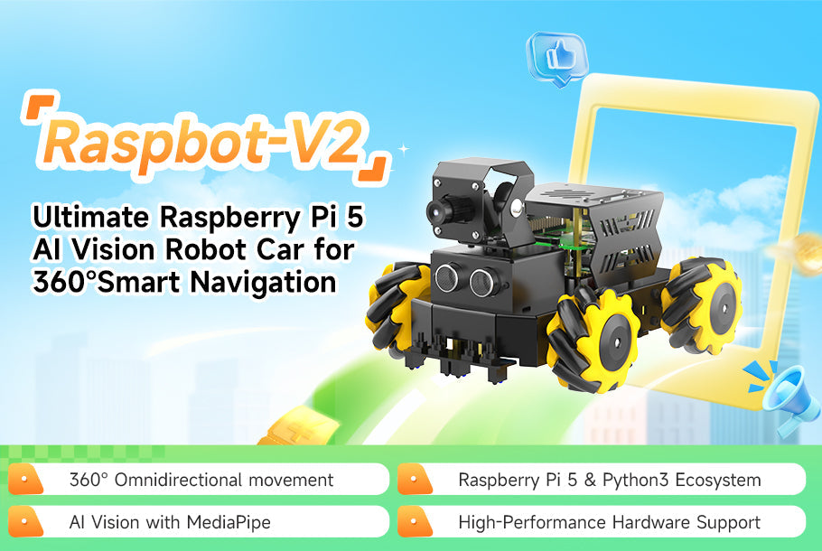 Raspbot-V2 Ultimate RPi 5 AI Vision Robot Car for 360° Smart Navigation
