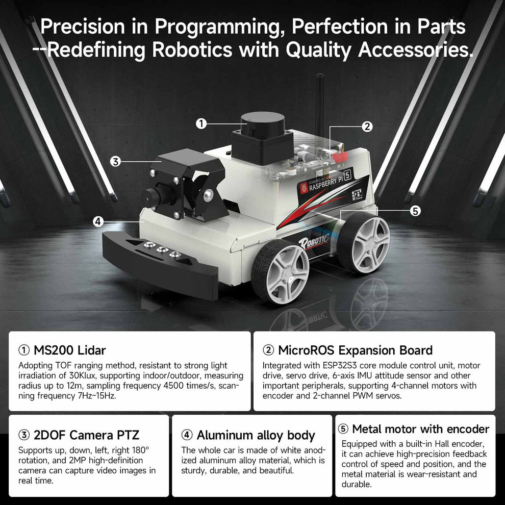 Raspberry Pi 5 Car Kit Ros2 Robot Support Python3 Programming