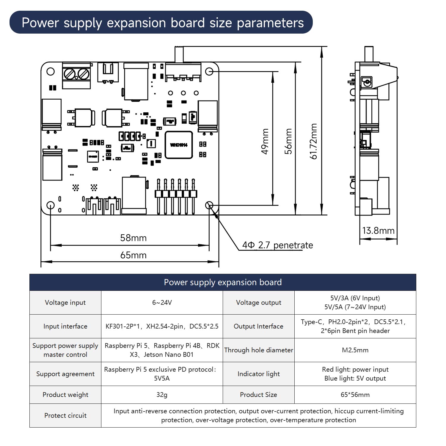 Raspberry Pi 5 Power Supply Expansion Board Support 5V/5A Output