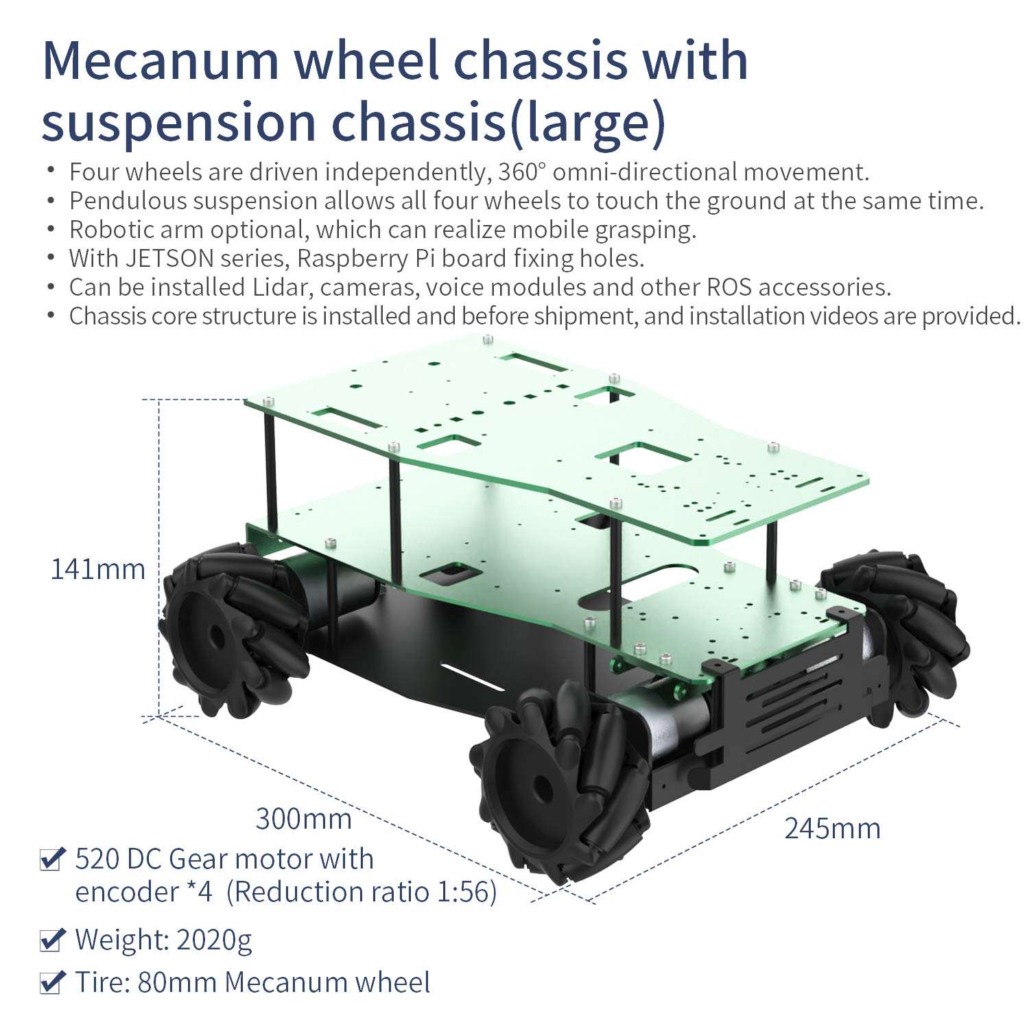 Smart Car Chassis Kit with Mecanum Wheel and Robotic Arm For ROS Robot